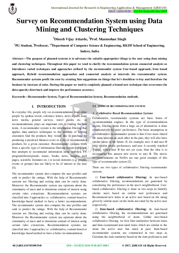 (PDF) Survey on Recommendation System using Data Mining and Clustering Techniques
