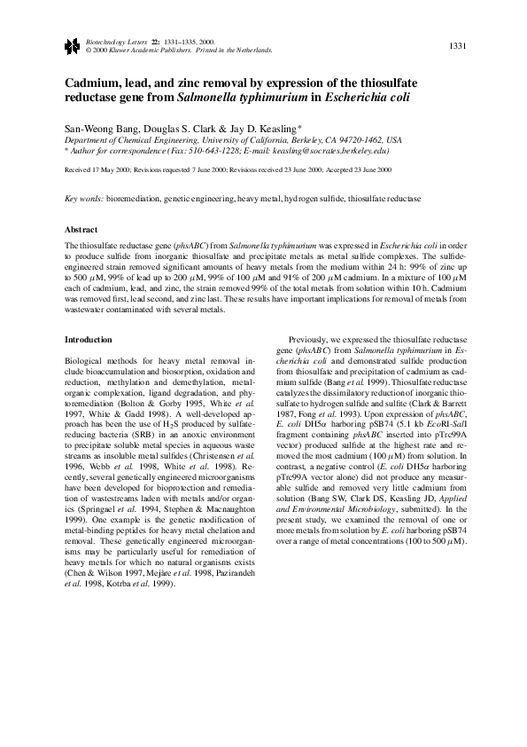 (PDF) Cadmium, lead, and zinc removal by expression of the thiosulfate ...