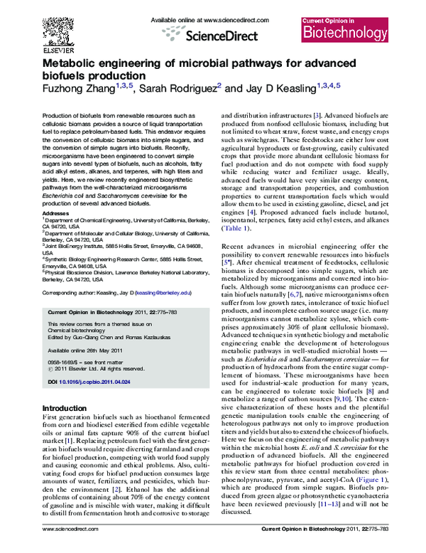 (PDF) Metabolic engineering of microbial pathways for advanced biofuels ...