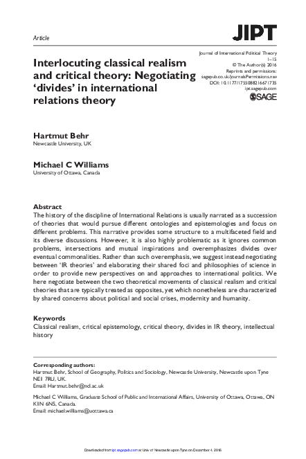 (PDF) Interlocuting classical realism and critical theory: Negotiating ...