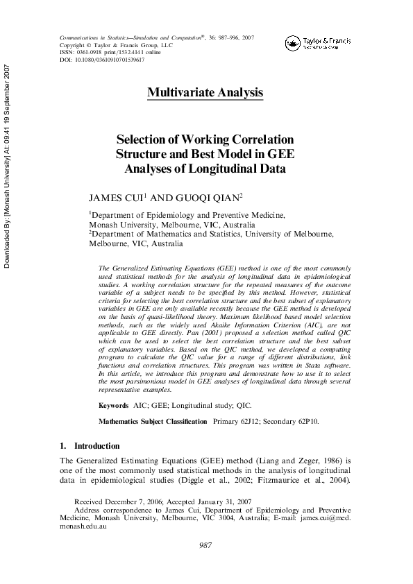 Pdf Selection Of Working Correlation Structure And Best Model In Gee Analyses Of Longitudinal Data