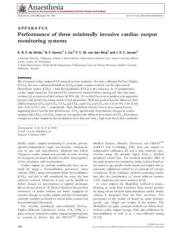Pdf Performance Of Three Minimally Invasive Cardiac Output Monitoring Systems