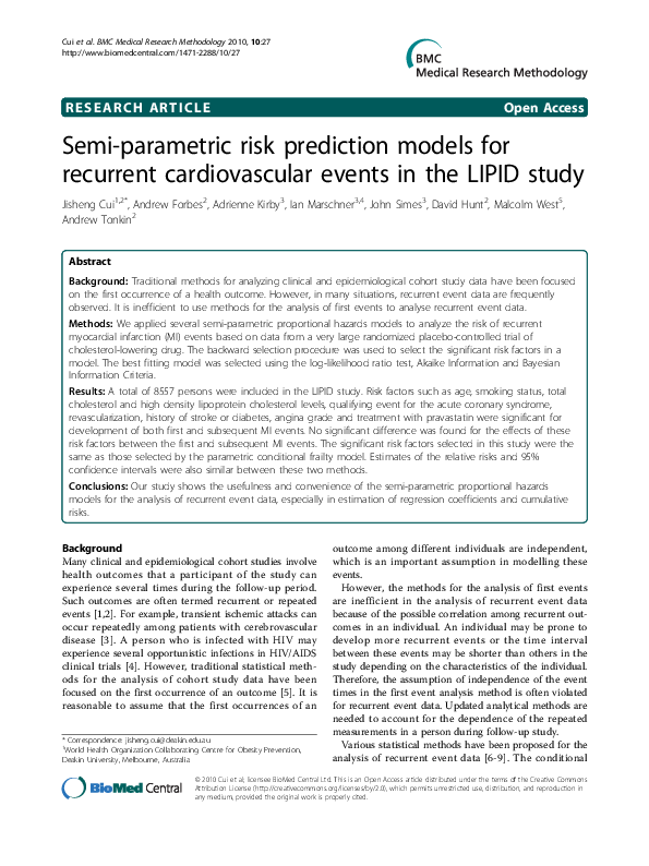 (PDF) Semi-parametric risk prediction models for recurrent cardiovascular events in the LIPID study