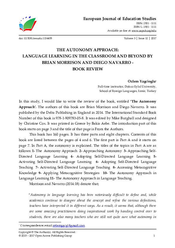 (PDF) THE AUTONOMY APPROACH: LANGUAGE LEARNING IN THE CLASSROOM AND ...