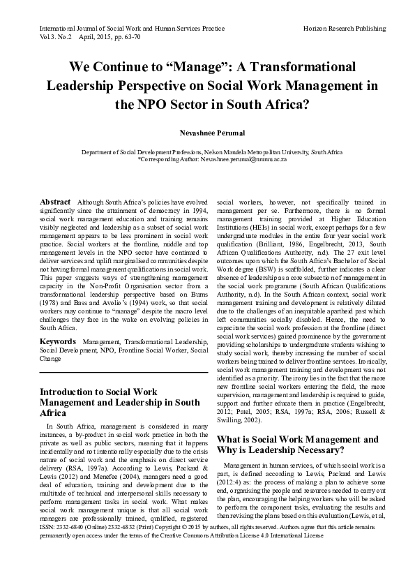 (PDF) We Continue to " Manage " : A Transformational Leadership ...