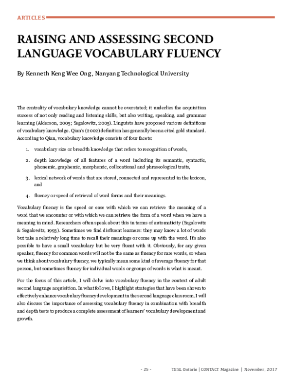 (PDF) Raising and assessing second language vocabulary fluency