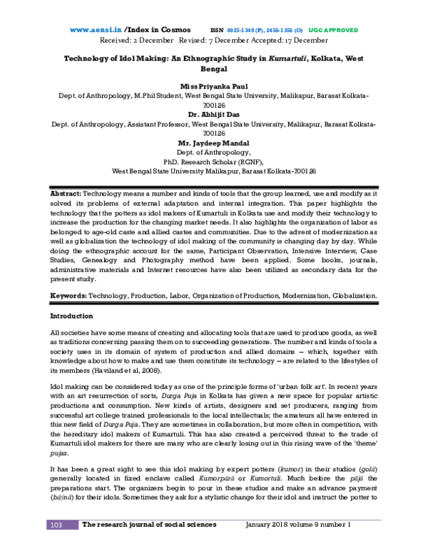 (PDF) Technology of Idol Making: An Ethnographic Study in Kumartuli ...