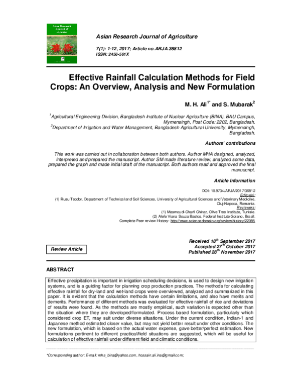 Pdf Effective Rainfall Estimation Methods For Field Crops An Overview Analysis And New