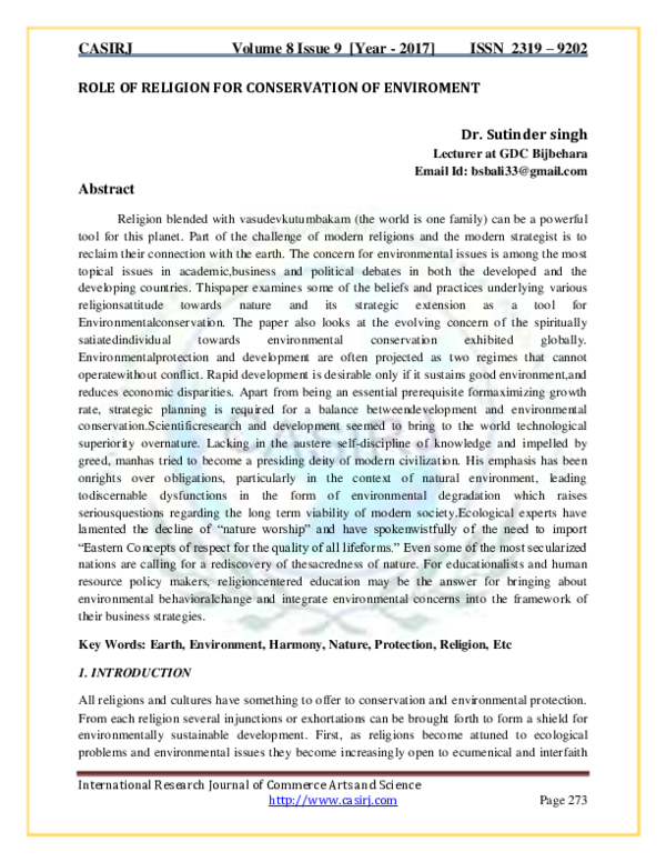 (PDF) ROLE OF RELIGION FOR CONSERVATION OF ENVIROMENT
