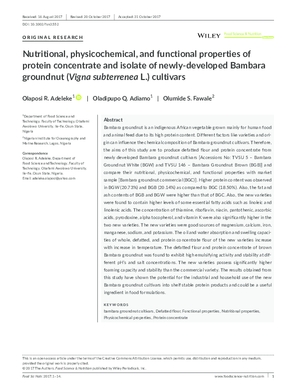 (PDF) Nutritional, physicochemical, and functional properties of protein concentrate and isolate ...
