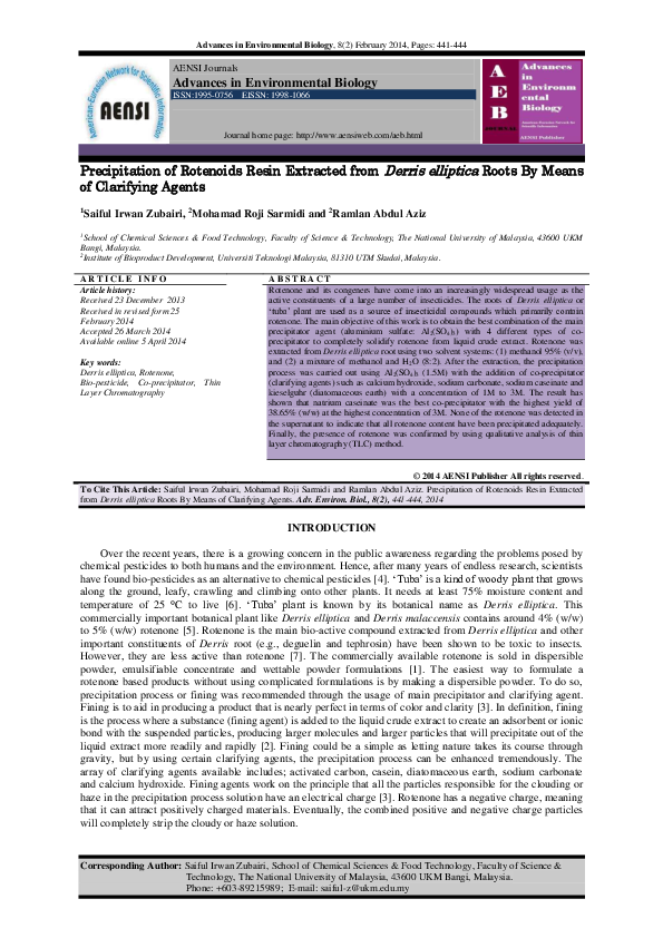(PDF) Precipitation of Rotenoids Resin Extracted from Derris elliptica Roots By Means of ...