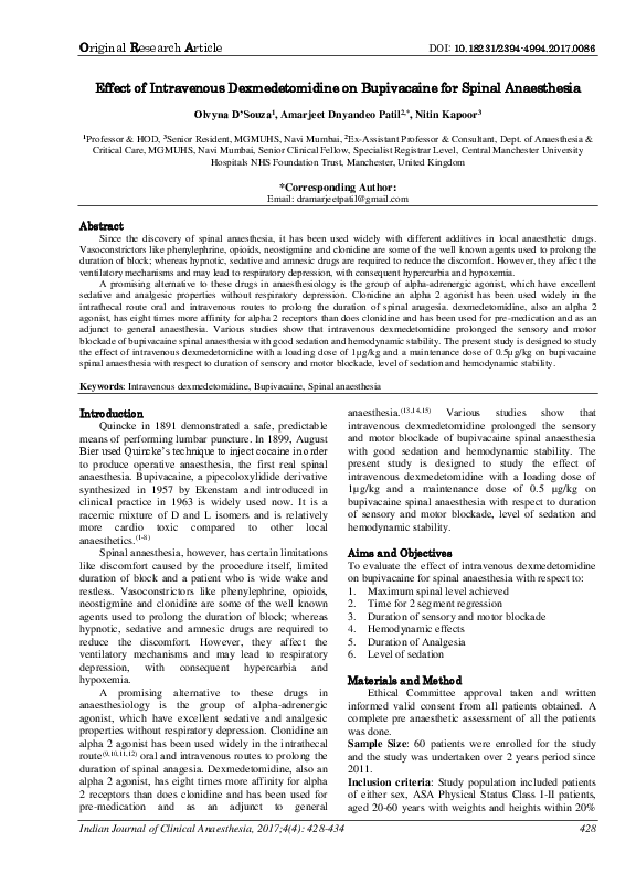 (PDF) Effect of Intravenous Dexmedetomidine on Bupivacaine for Spinal ...