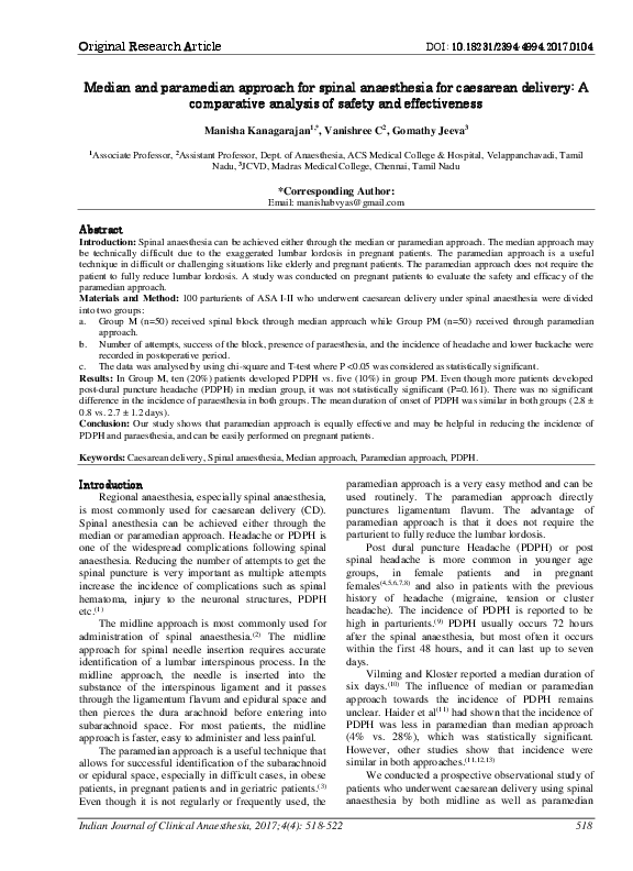 (PDF) Median and paramedian approach for spinal anaesthesia for ...