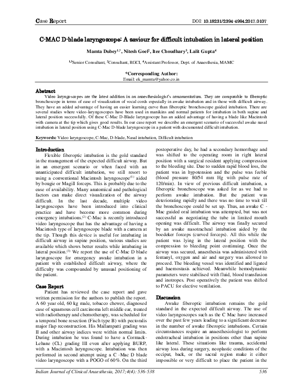 (PDF) C-MAC D-blade laryngoscope: A saviour for difficult intubation in ...