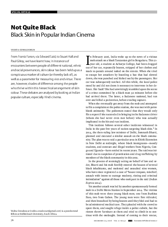 (PDF) Not Quite Black Black Skin in Popular Indian Cinema