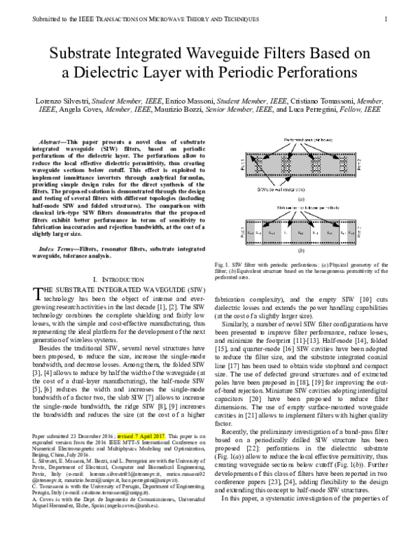 (PDF) Substrate Integrated Waveguide Filters Based on a Dielectric Layer with Periodic Perforations