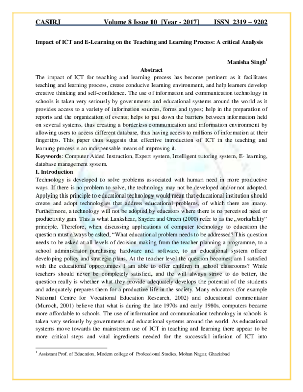 (PDF) Impact of ICT and E-Learning on the Teaching and Learning Process ...