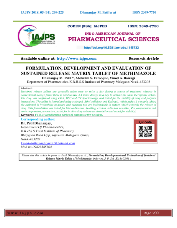 Pdf Formulation Development And Evaluation Of Sustained Release Matrix Tablet Of Methimazole