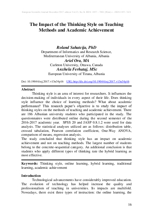 (PDF) The Impact of the Thinking Style on Teaching Methods and Academic ...