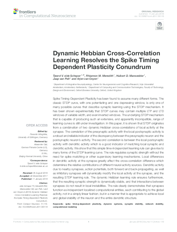 (PDF) Dynamic Hebbian Cross-Correlation Learning Resolves the Spike Timing Dependent Plasticity ...
