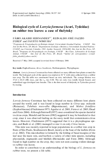 (PDF) Biological cycle of Lorryia formosa (Acari, Tydeidae) on rubber ...