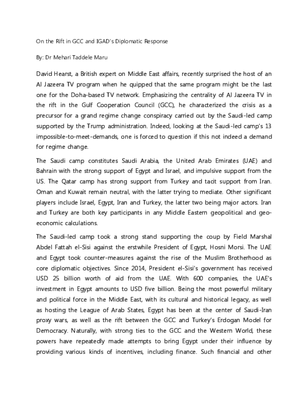 (PDF) On the Rift in GCC and IGAD's Diplomatic Response