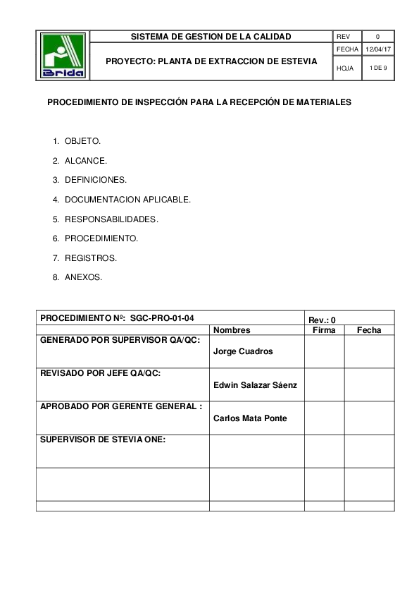 (PDF) SISTEMA DE GESTION DE LA CALIDAD PROYECTO: PLANTA DE EXTRACCION DE ESTEVIA PROCEDIMIENTO ...