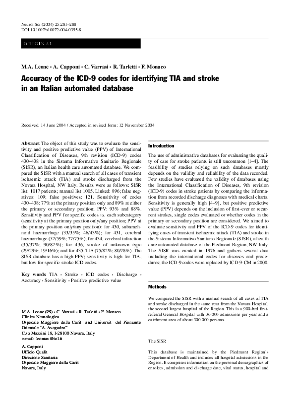 (PDF) Accuracy of the ICD-9 codes for identifying TIA and stroke in an ...