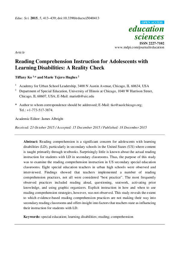 Pdf Reading Comprehension Instruction For Adolescents With Learning Disabilities A Reality Check