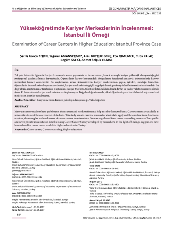 (PDF) Yükseköğretimde Kariyer Merkezlerinin İncelenmesi: İstanbul İli ...
