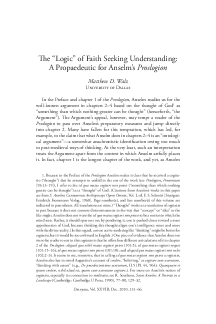 (PDF) The "Logic" of Faith Seeking Understanding: A Propaedeutic for ...