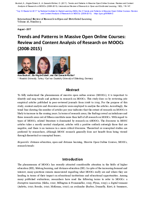 (PDF) Trends and Patterns in Massive Open Online Courses: Review and ...