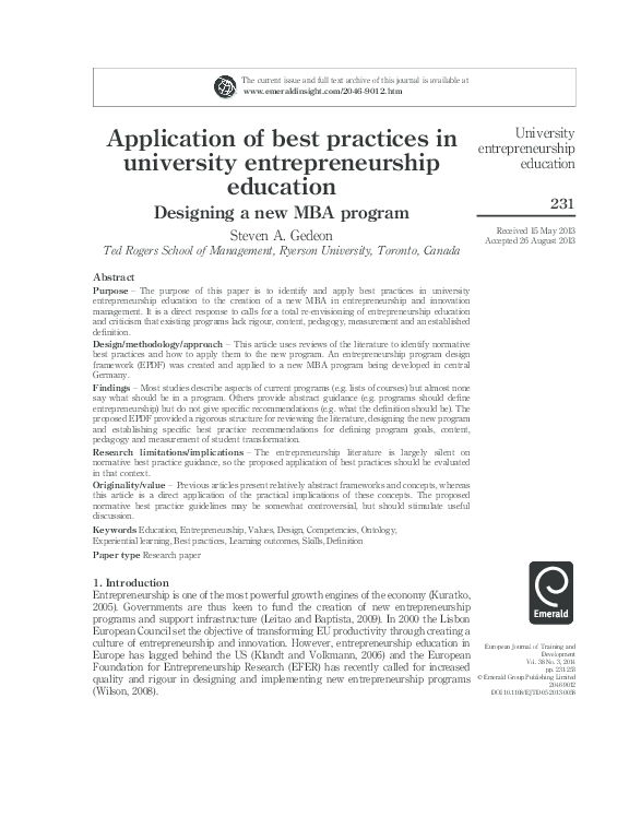 (PDF) Application of best practices in university entrepreneurship ...