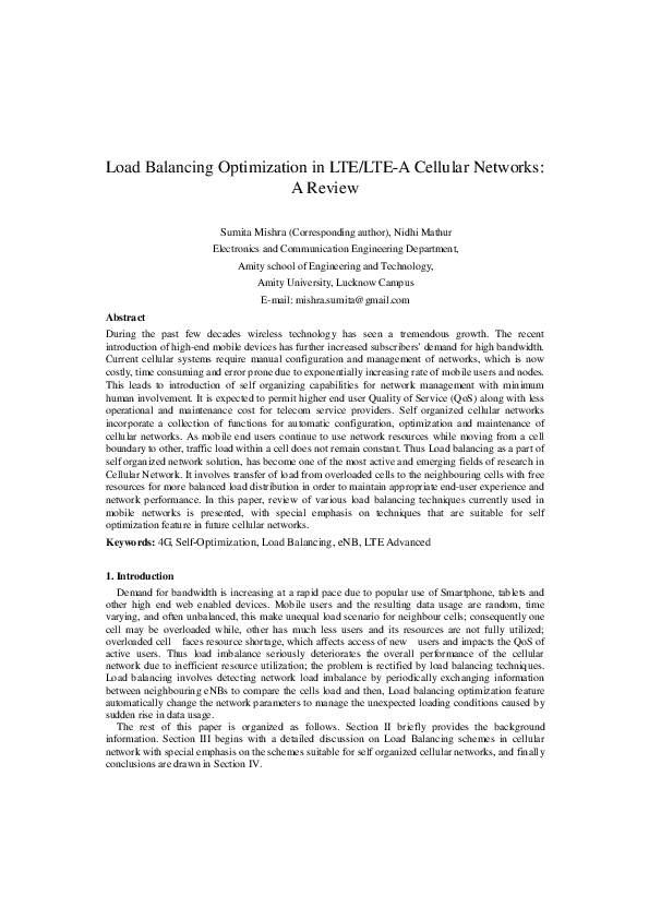 (PDF) Load Balancing Optimization in LTE/LTE-A Cellular Networks: A Review