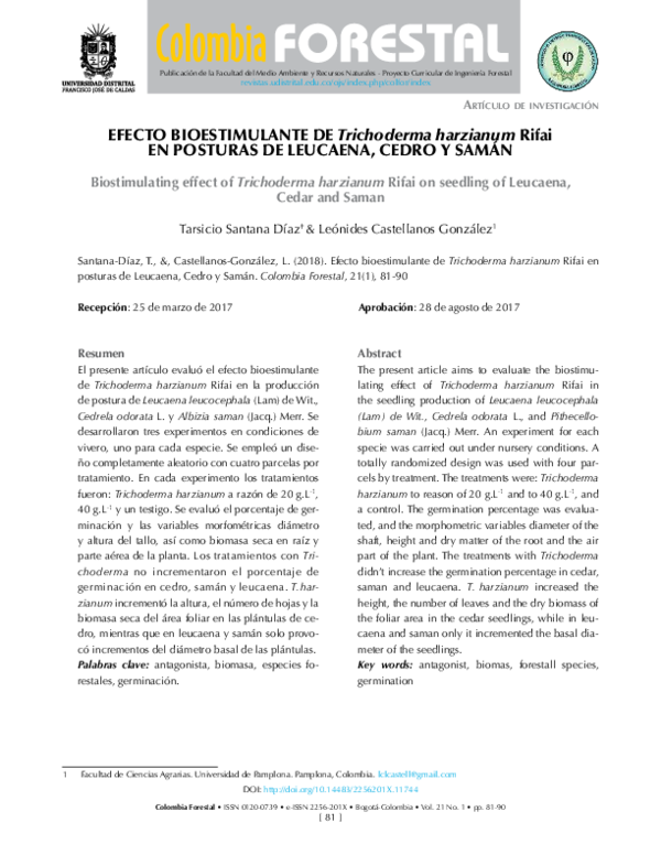 (PDF) Biostimulating effect of Trichoderma harzianum Rifai on seedling of Leucaena, Cedar and Saman