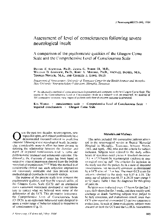 (PDF) Assessment of level of consciousness following severe ...