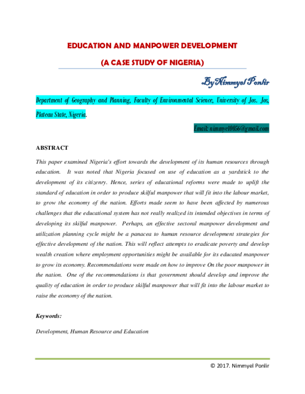 EDUCATION AND MANPOWER DEVELOPMENT (A CASE STUDY OF NIGERIA