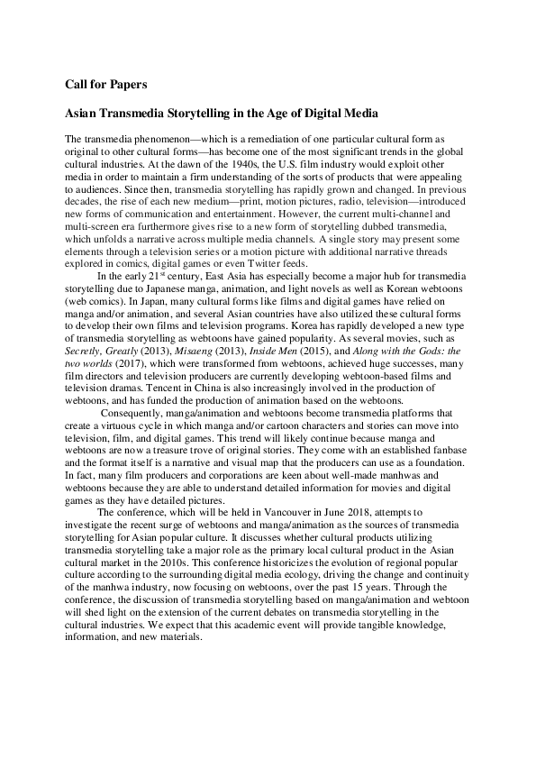 (PDF) Call for Papers Asian Transmedia Storytelling in the Age of ...