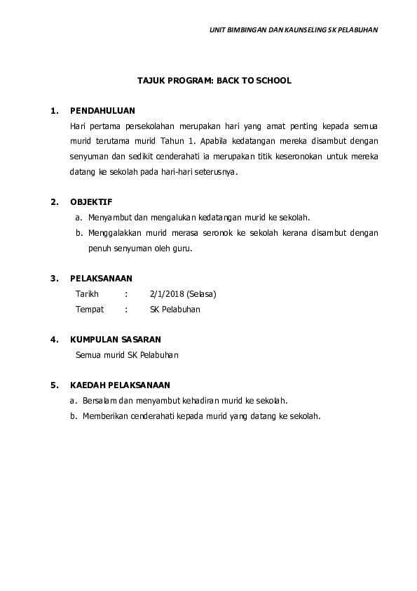 (DOC) TAJUK PROGRAM: BACK TO SCHOOL