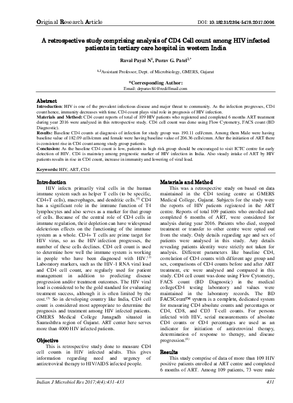 (PDF) The Role of CD4 Count Pattern in HIV Seropositive Patients in Western Part of India ...