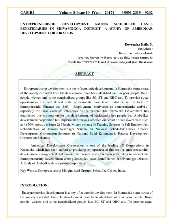 (PDF) ENTREPRENEURSHIP DEVELOPMENT AMONG SCHEDULED CASTE BENEFICIARIES ...