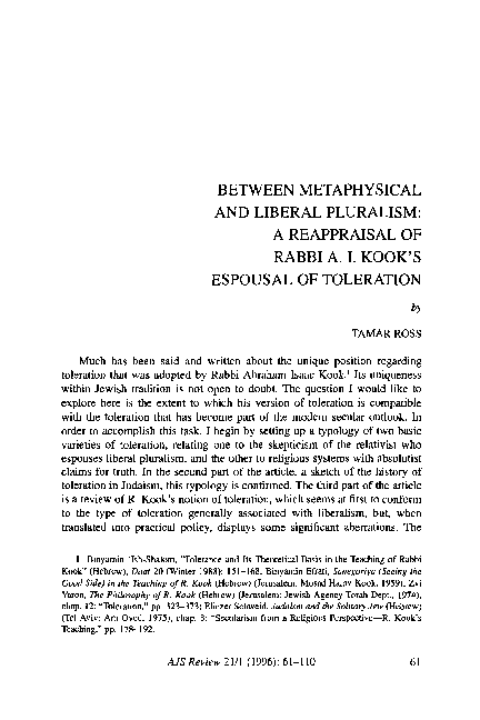 (PDF) Tamar Ross, “Between Metaphysical and Liberal Pluralism: A ...