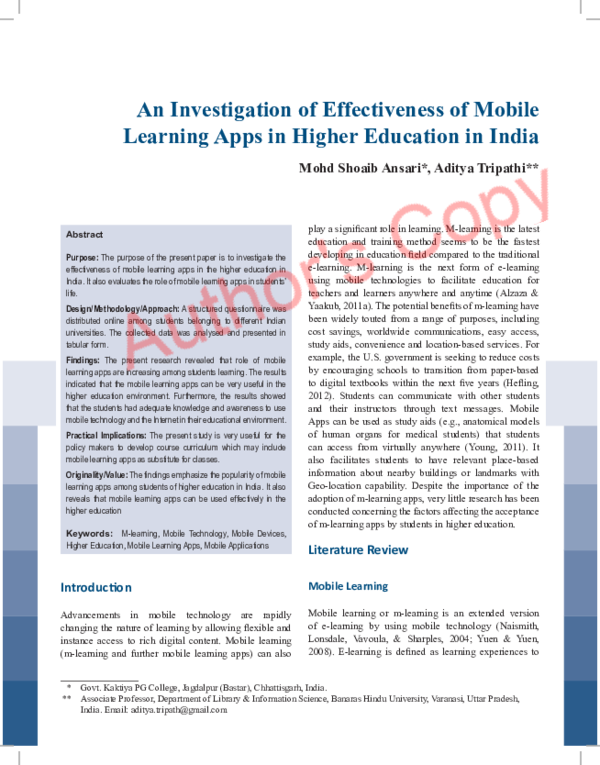 (PDF) An Investigation of Effectiveness of Mobile Learning Apps in ...