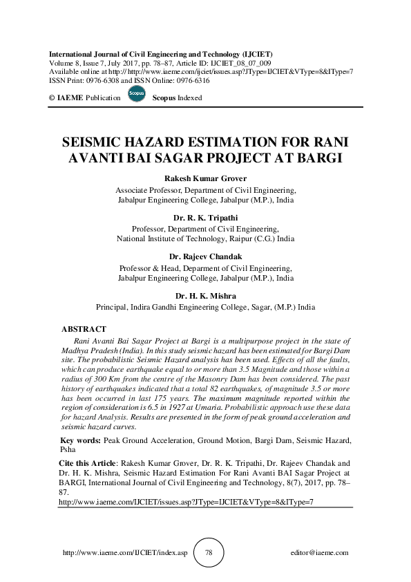 (PDF) SEISMIC HAZARD ESTIMATION FOR RANI AVANTI BAI SAGAR PROJECT AT BARGI