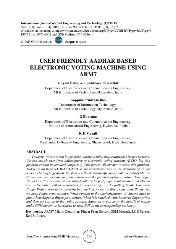 (PDF) USER FRIENDLY AADHAR BASED ELECTRONIC VOTING MACHINE USING ARM7