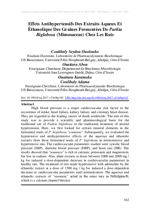 (PDF) Effets Antihypertensifs Des Extraits Aqueux Et Éthanolique Des ...