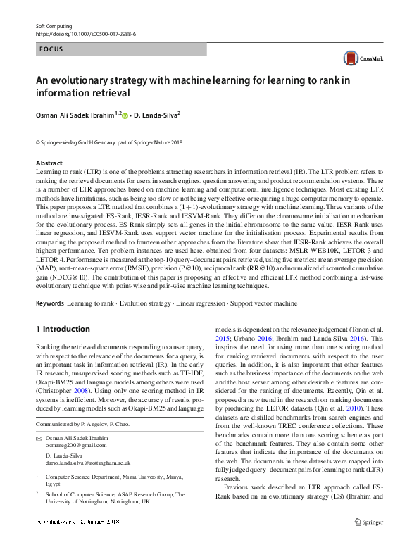 Pdf An Evolutionary Strategy With Machine Learning For Learning To