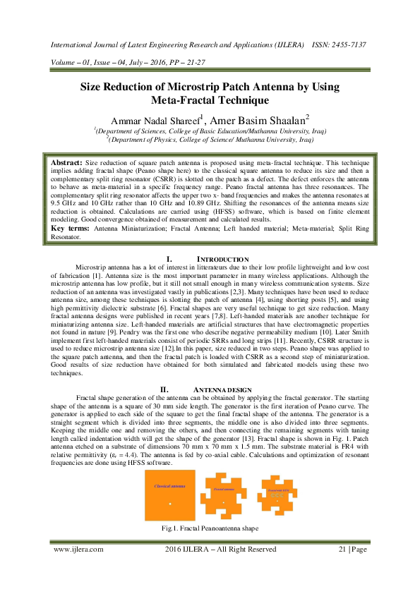 (PDF) Size Reduction of Microstrip Patch Antenna by Using Meta-Fractal Technique