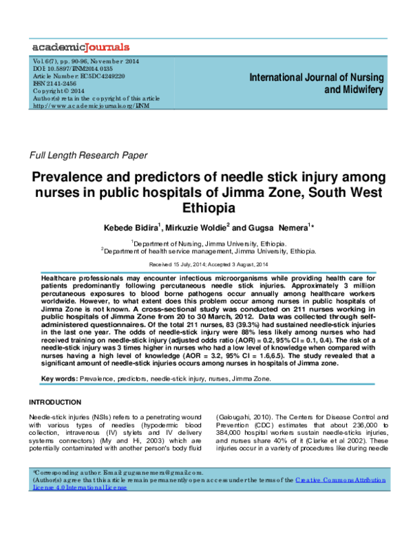(PDF) Prevalence and predictors of needle stick injury among nurse in ...
