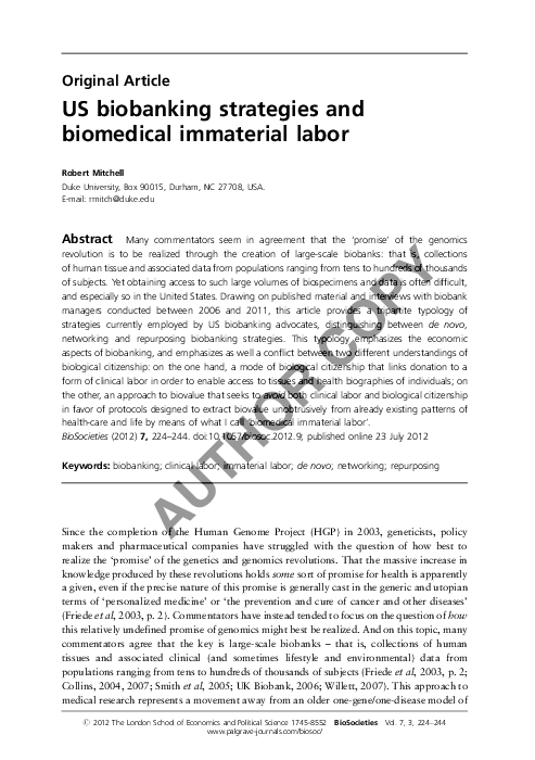 (PDF) US biobanking strategies and biomedical immaterial labor